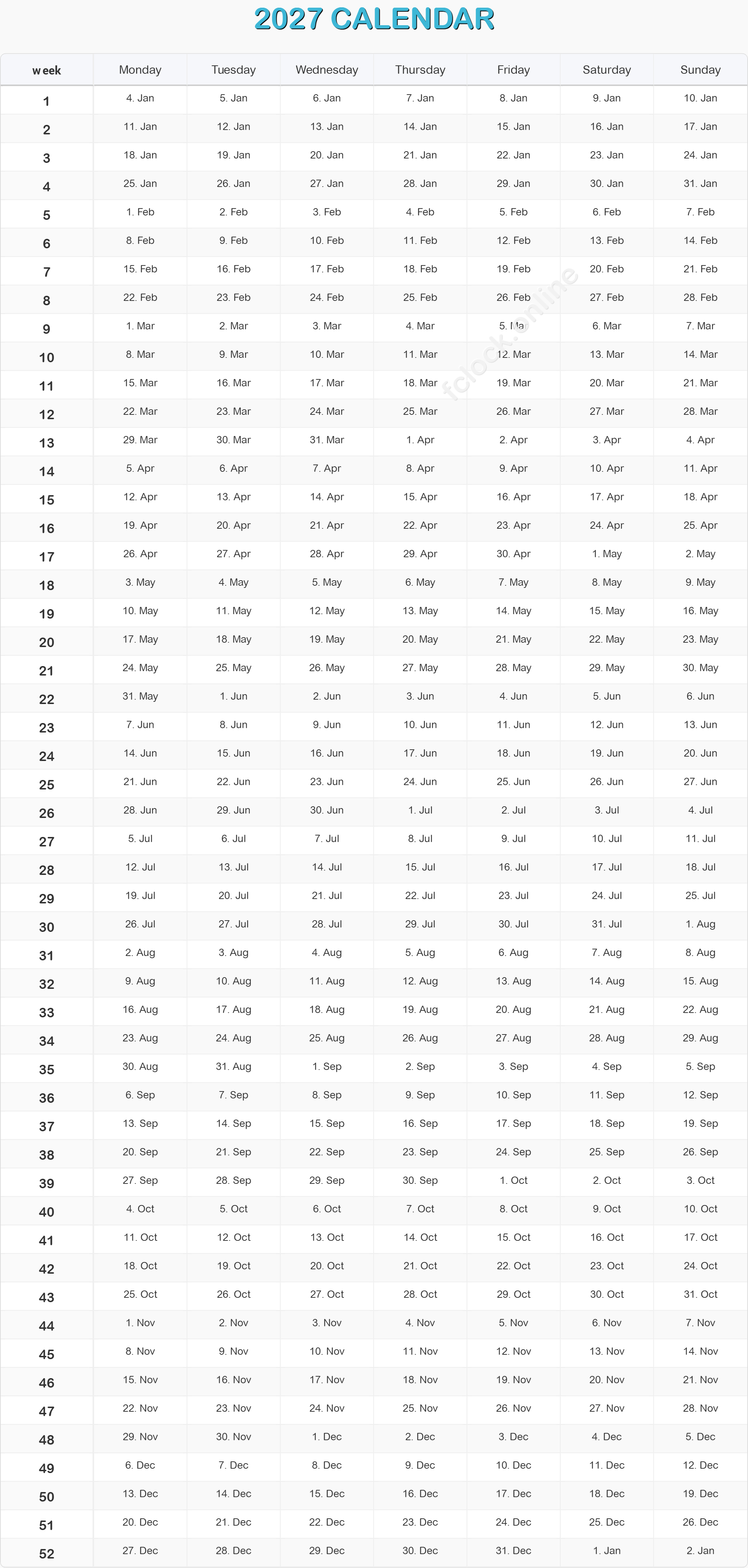 2027 Weekkalender - 52 weken, huidige week & jaarswitch